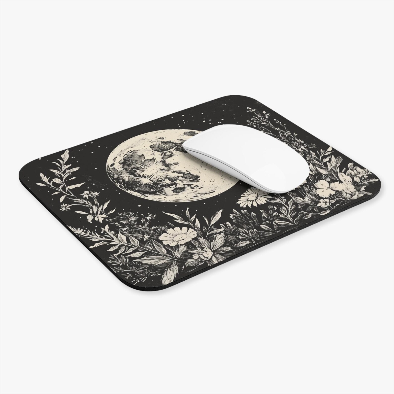 Lunar Blossom Linocut Mouse Pad, Mystical Office Accessory, Desk ...