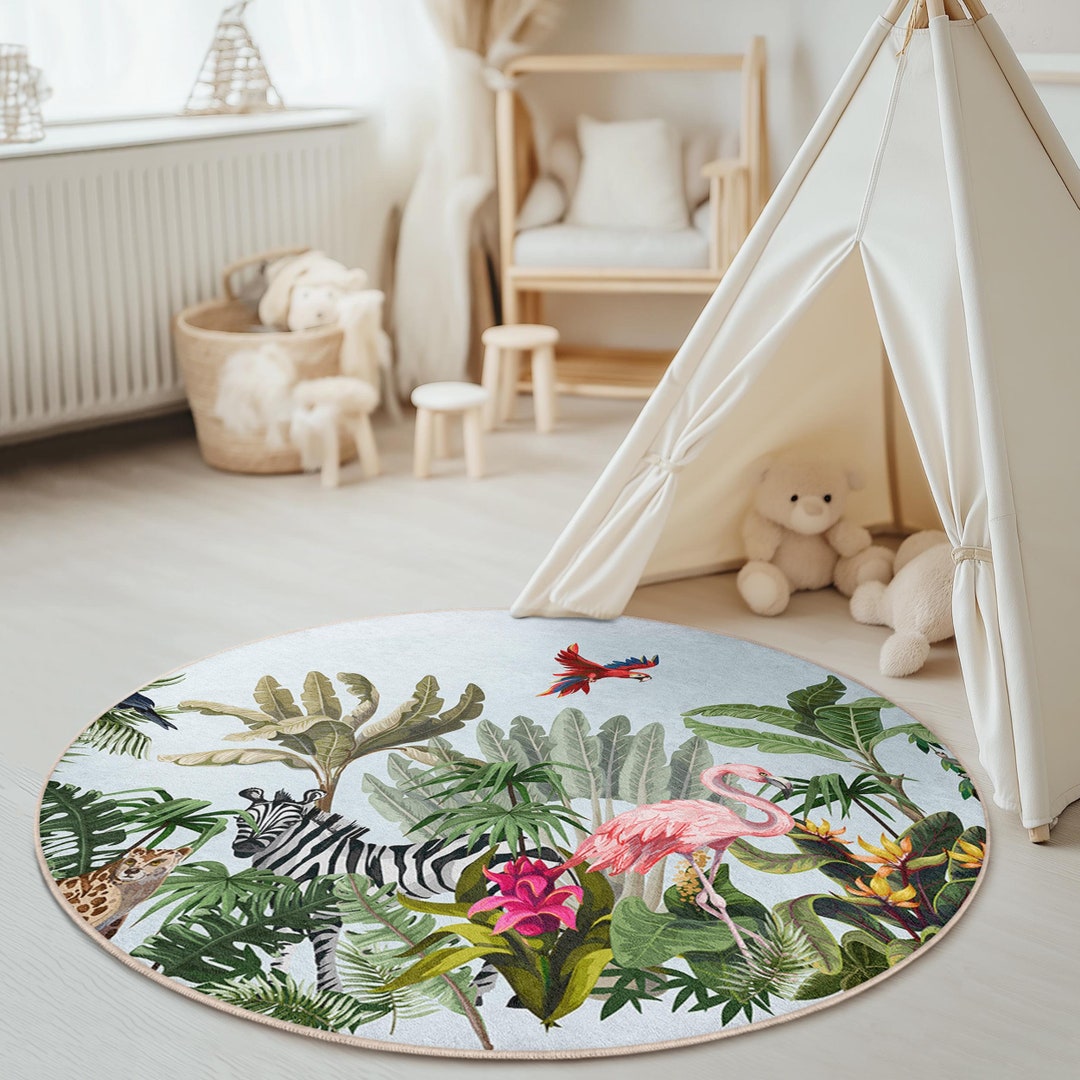 Tropical Jungle Zebra Palm Round Rug Kids Room,circle Kids Room Rugs ...