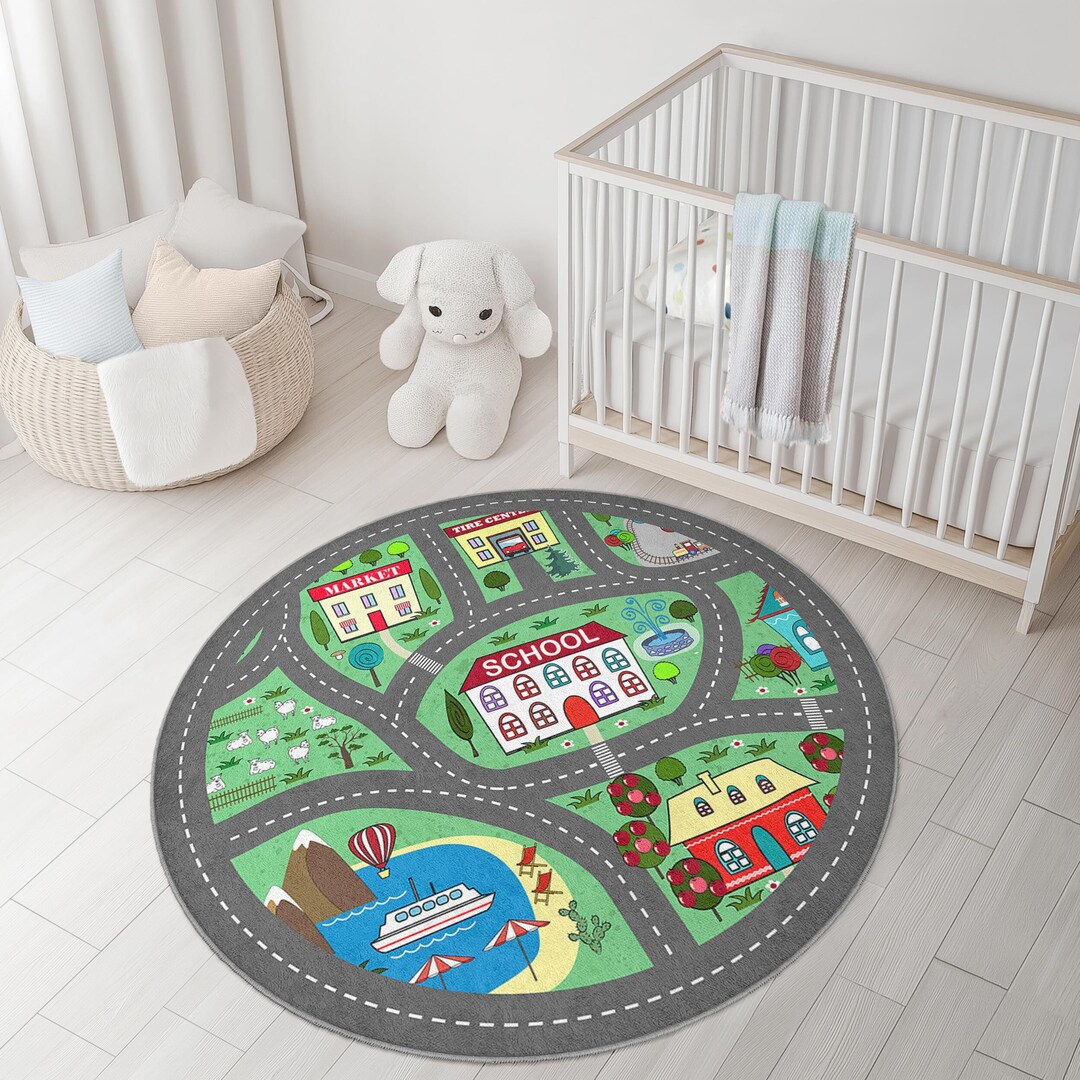 Playmat Style Rug Village Design Road Symbol Colorful Buses Round Rug ...