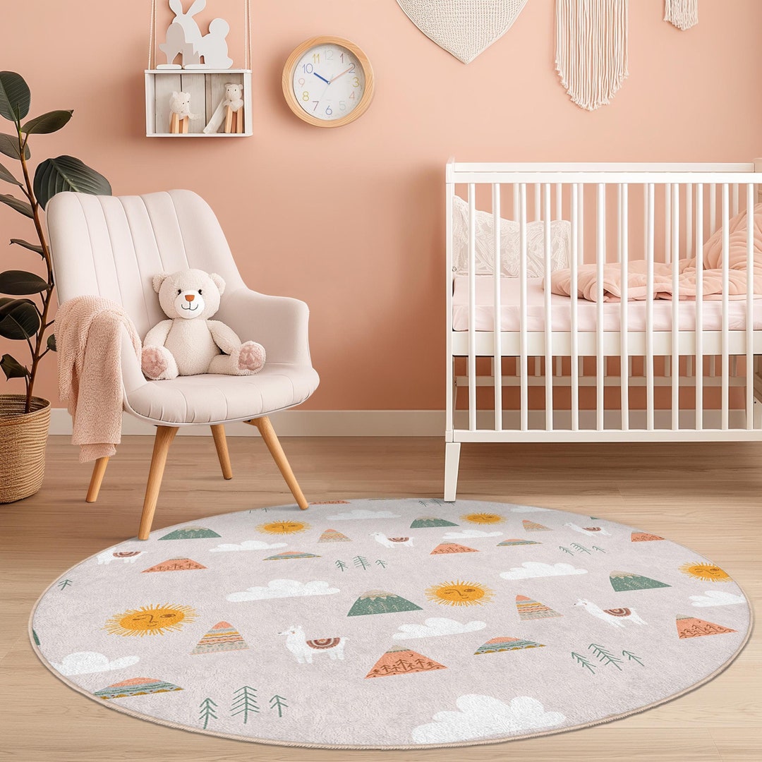 Abstract Mountain Design Round Kids Rug With Llama & Cars Soft Nursery ...