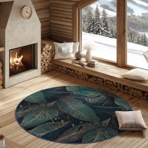 Dark Green Leaves Circle Area Rug Flower Minimalist Design Rug With ...