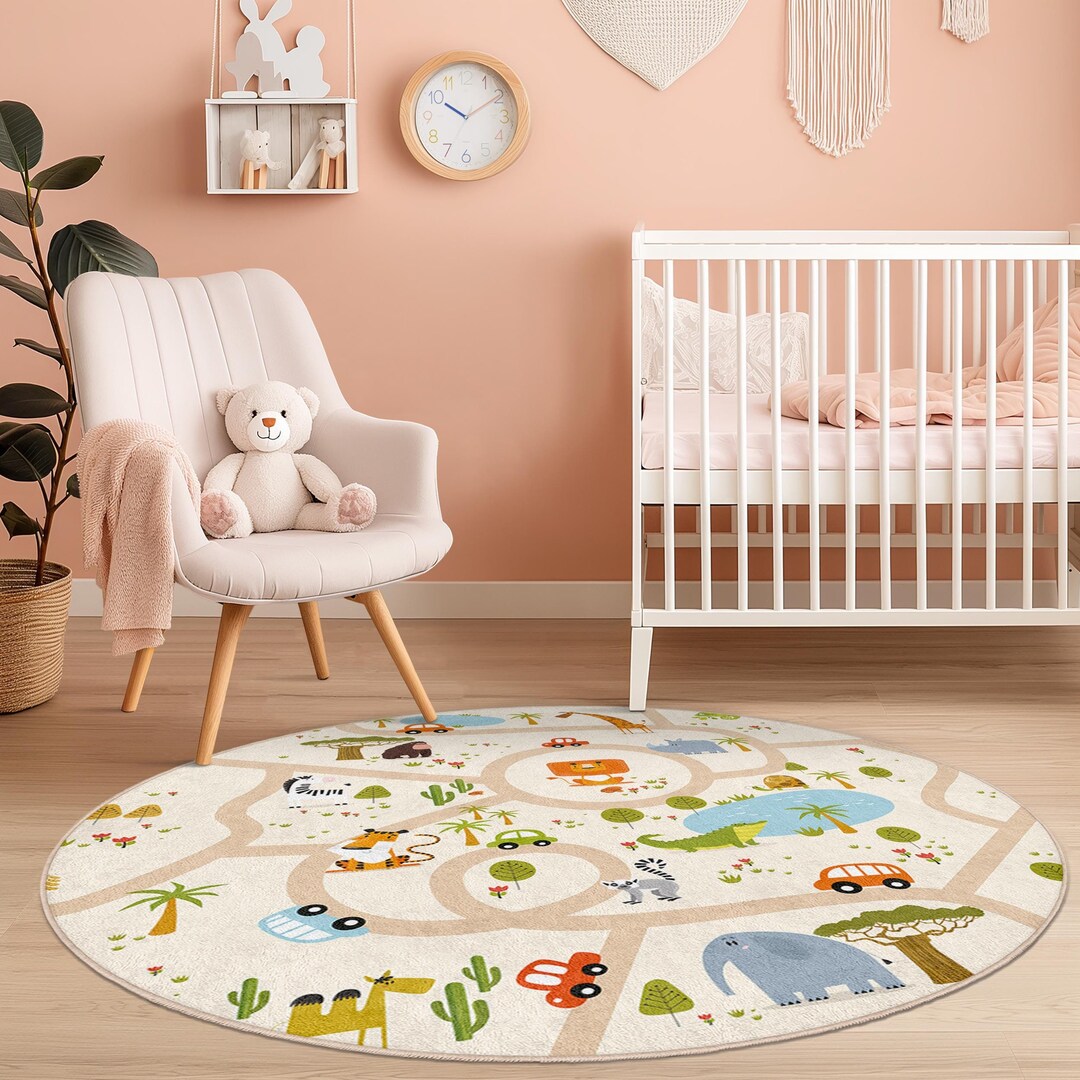 Safari Adventure Kids Animals Round Rug Kids Room, Circle Kids Room ...