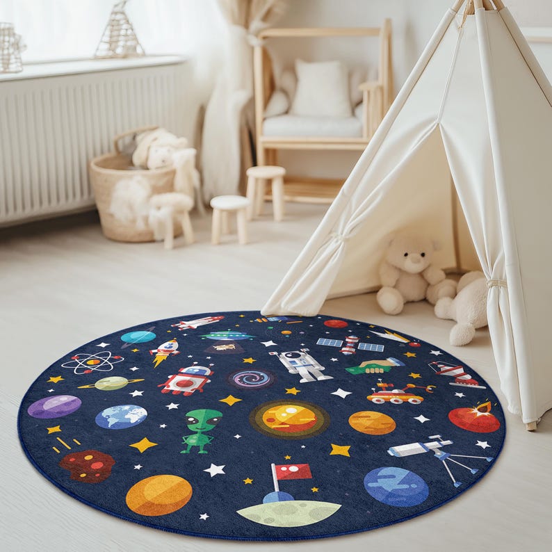 Space With Planets Rockets Design Round Rug, Kids Room Rug Non Slip ...