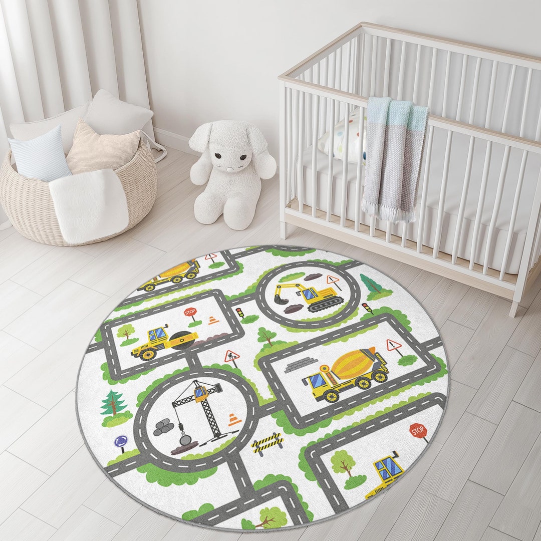 Construction Way Round Rug Kids Room,playmat Non Slip, Circle Kid’s ...