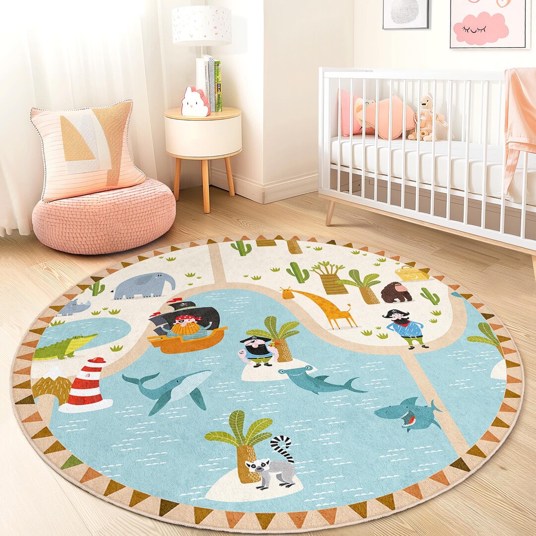 Ocean Adventure Sea Animals Island Design Fun Kids Rug With & Cars Soft ...
