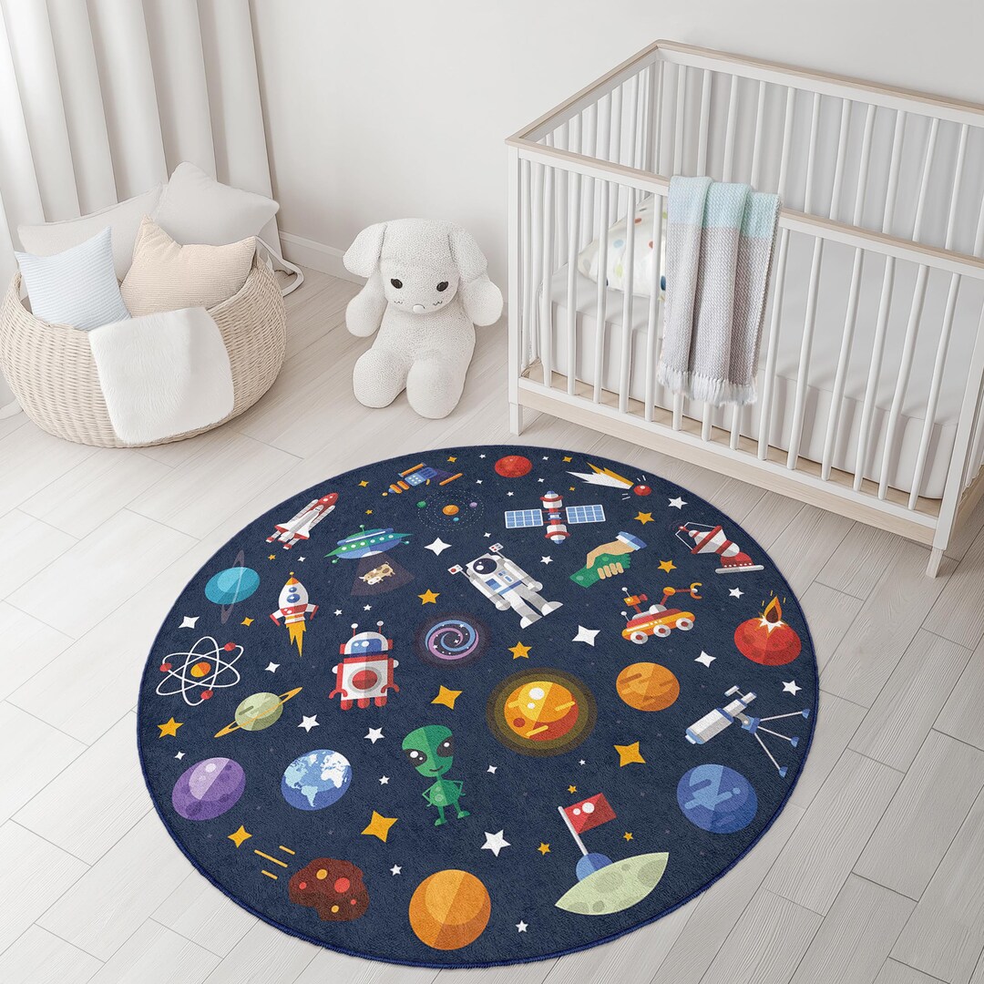 Space With Planets Rockets Design Round Rug, Kids Room Rug Non Slip ...