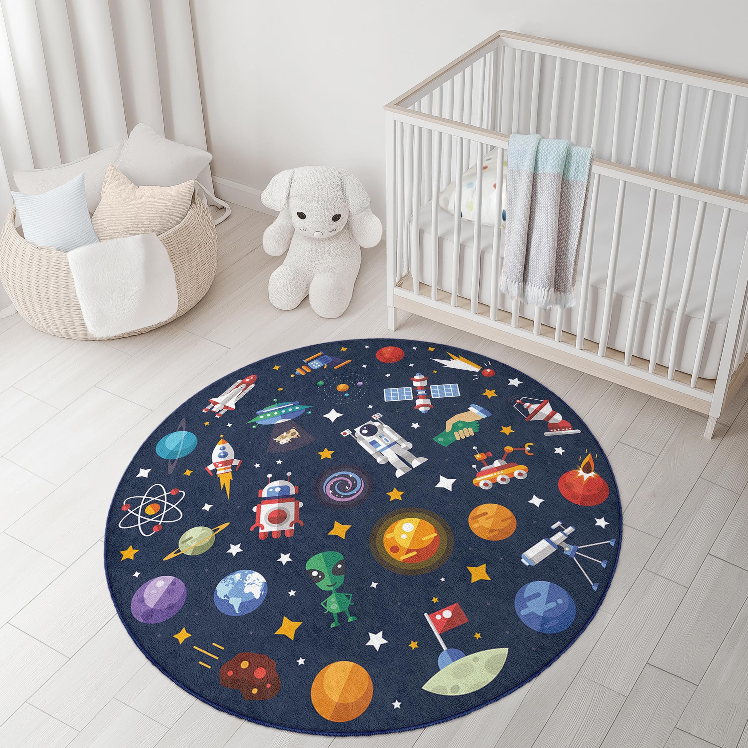 Space With Planets Rockets Design Round Rug, Kids Room Rug Non Slip ...