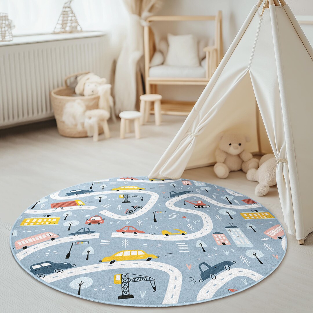 Cars and Buses Interactive Round Rug Kids Room, Circle Kids Room Rugs ...