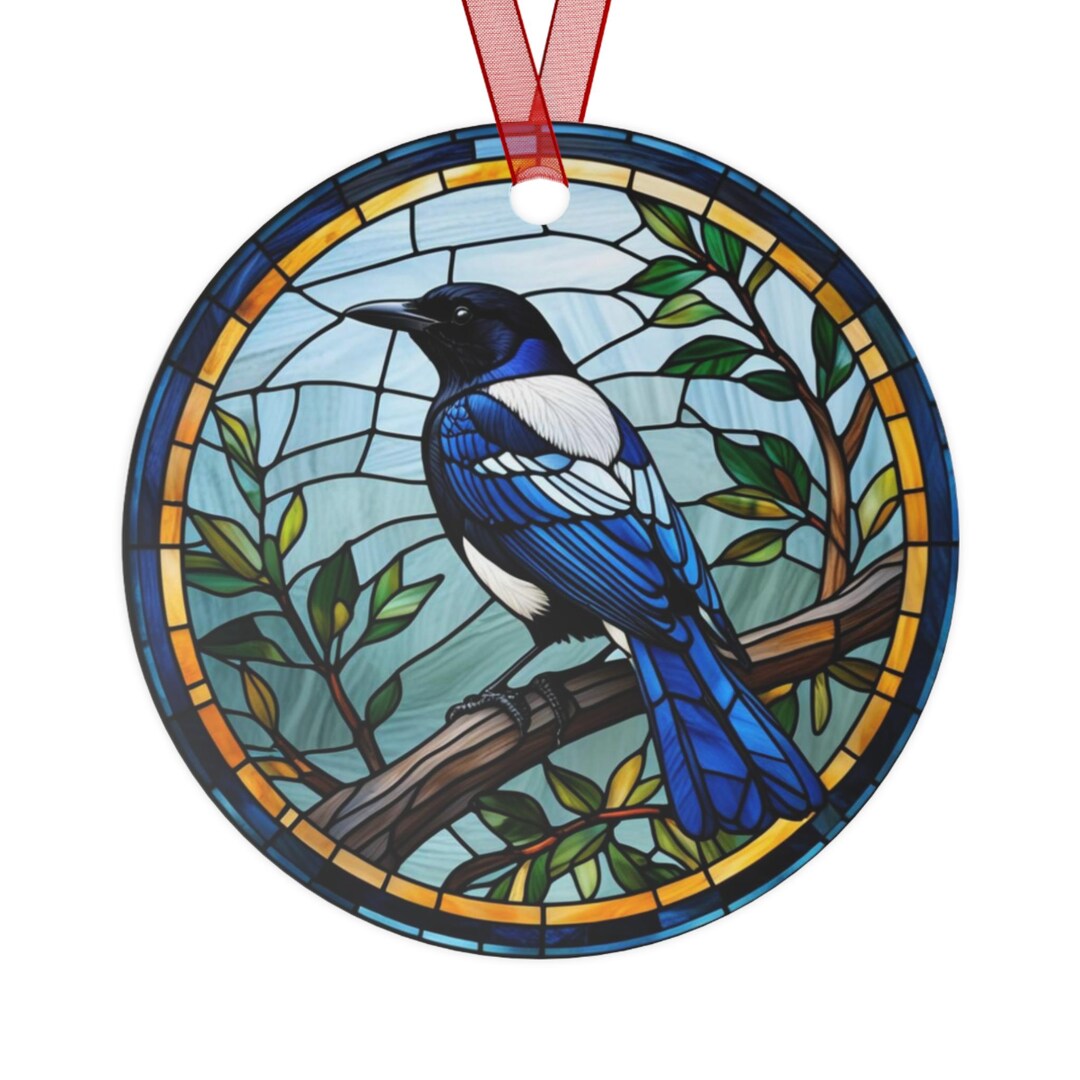 Magpie Stained Look Metal Ornament 2-sided Bird Watcher Holiday ...