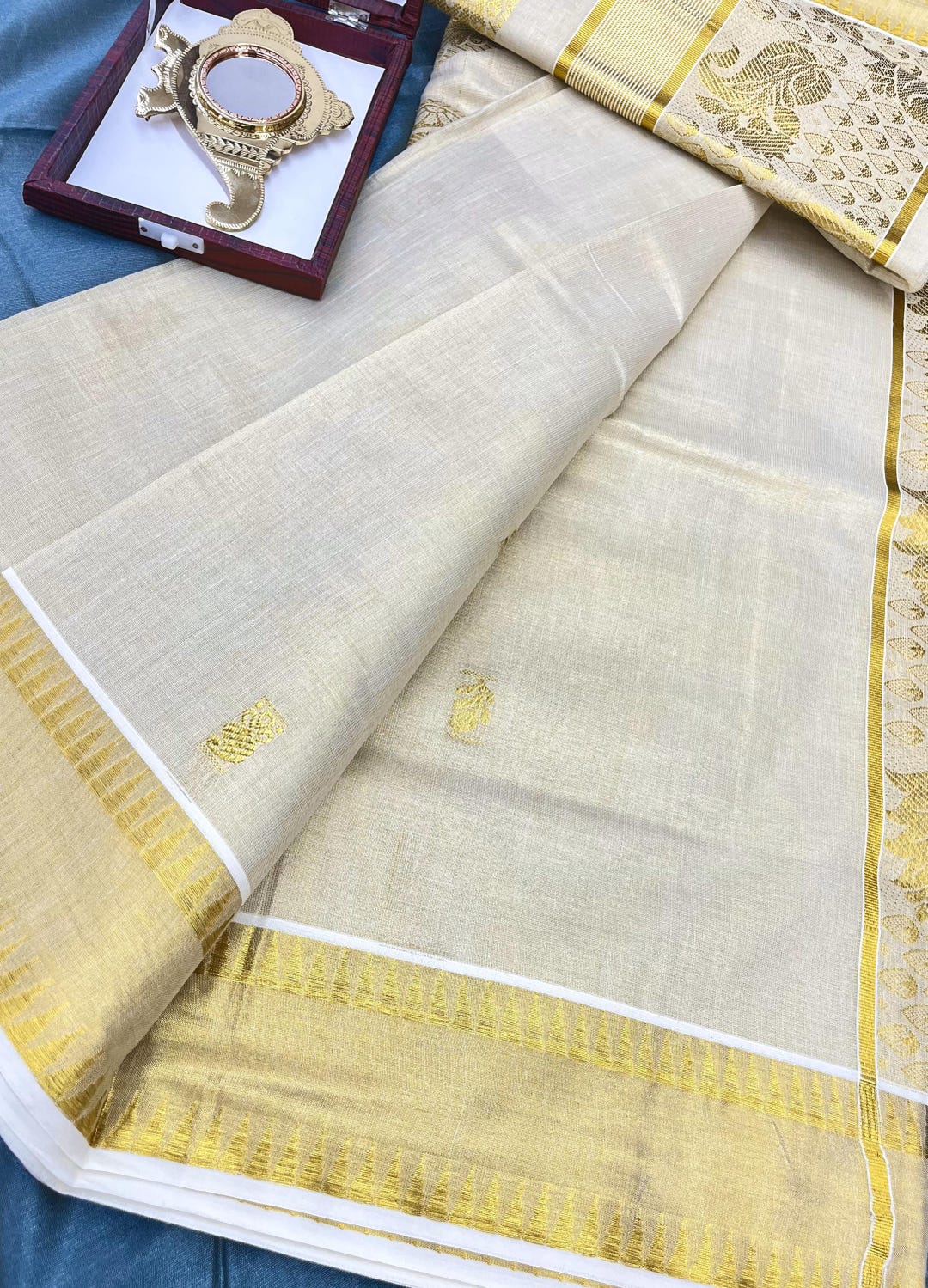 Kerala Tissue Silk Kasavu Saree With Temple Motif, Set Mundu With ...
