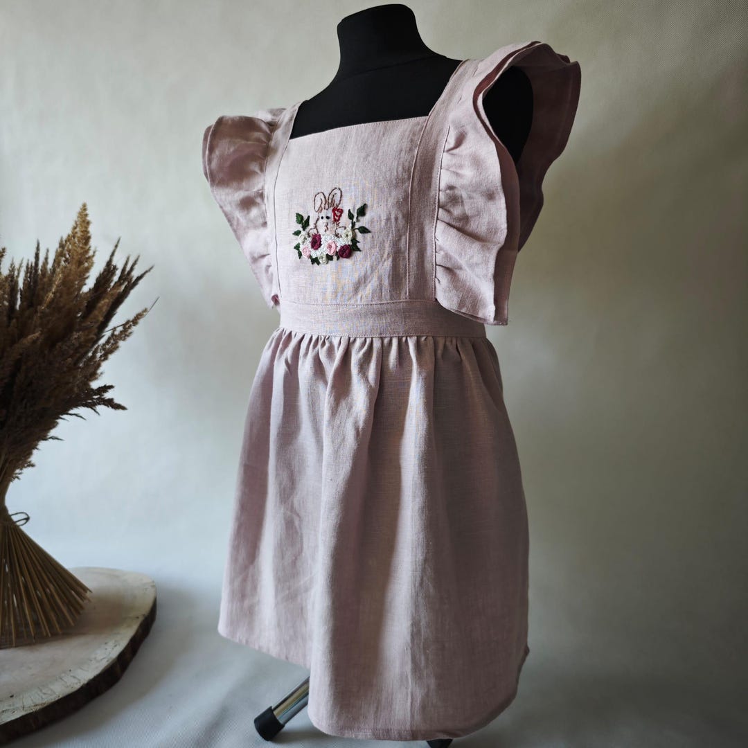 Light Pink Apron Embroidered Linen Apron Dress for Kitchen Little Chef ...
