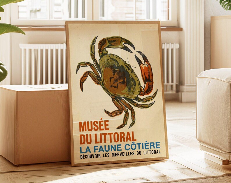 Vintage Crab Exhibition Poster: French Coastal Wildlife Art, Nautical ...