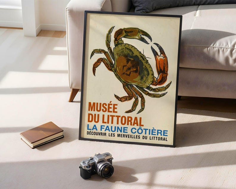 Vintage Crab Exhibition Poster: French Coastal Wildlife Art, Nautical ...