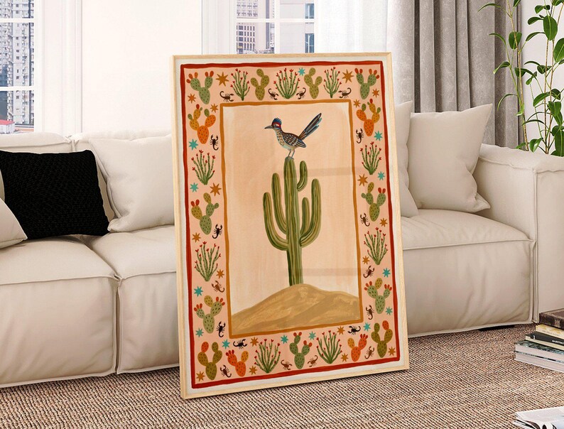 Roadrunner on Saguaro Cactus Print: Desert Folk Art Poster ...