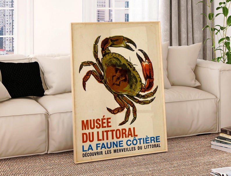 Vintage Crab Exhibition Poster: French Coastal Wildlife Art, Nautical ...