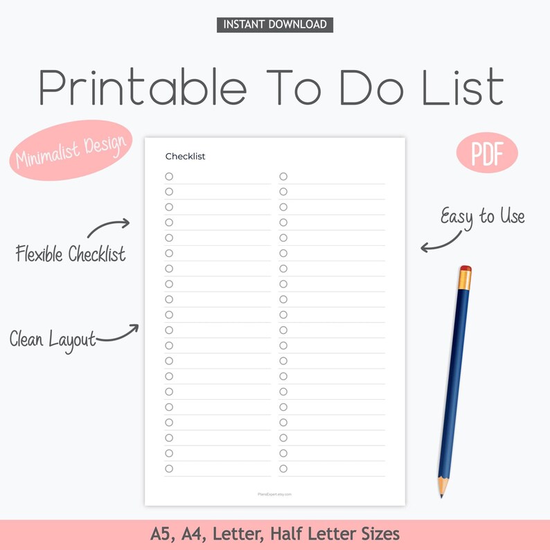 Blank To-do Checklist – Digital & Printable PDF in A4, A5, Letter and ...