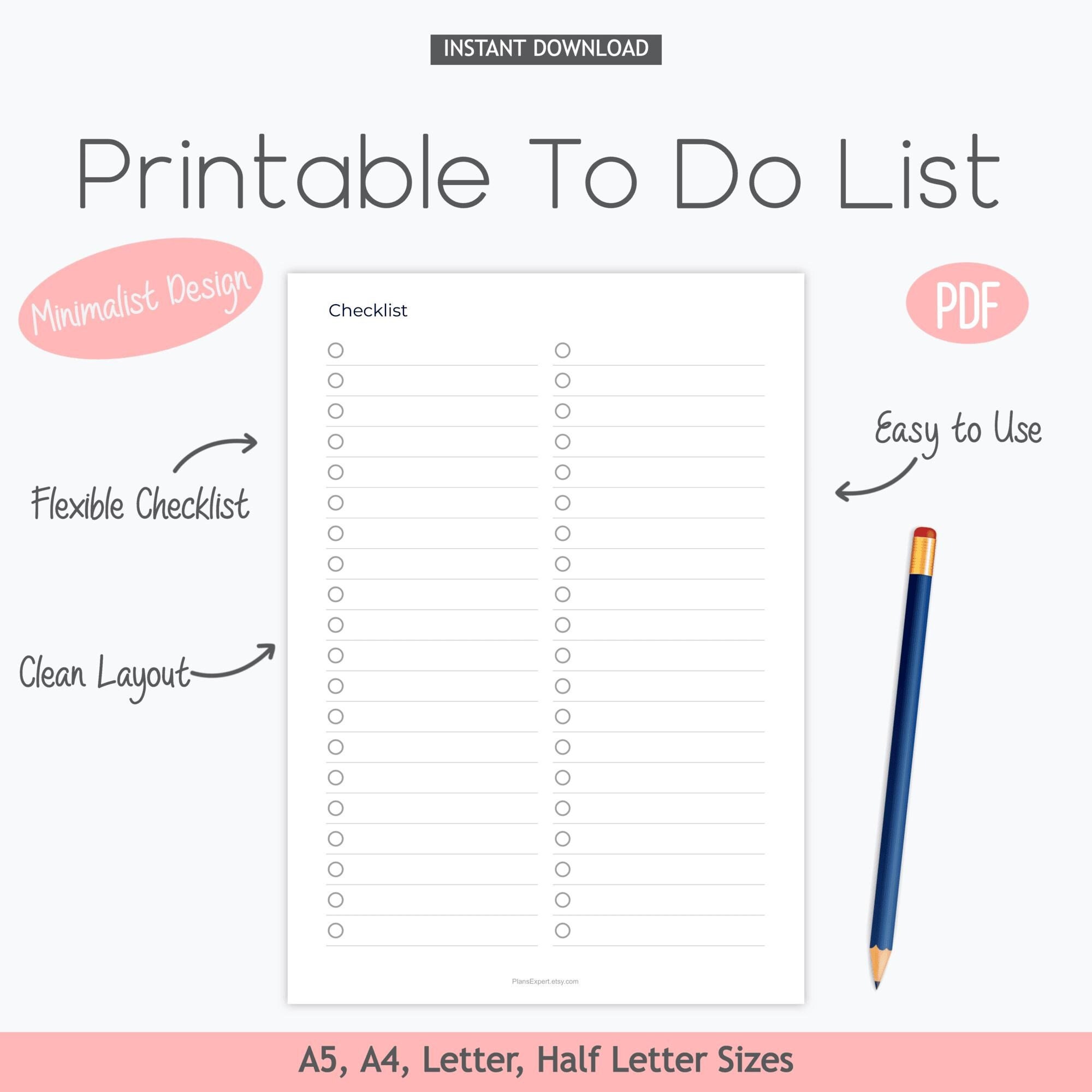Blank To-do Checklist – Digital & Printable PDF in A4, A5, Letter and ...