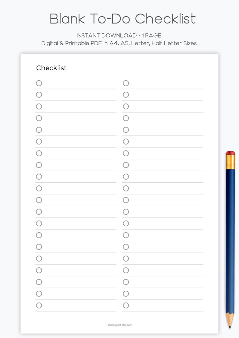 Blank To-do Checklist – Digital & Printable PDF in A4, A5, Letter and ...