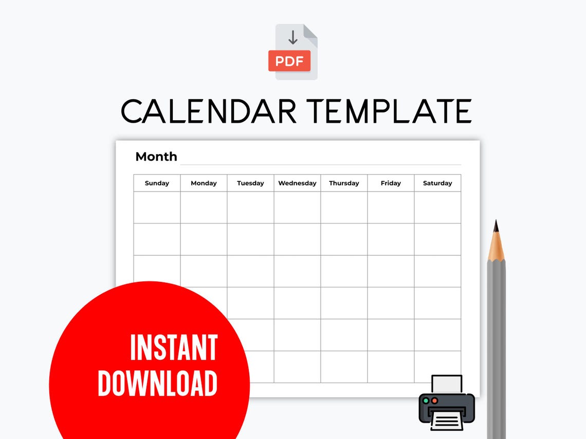 Custom Calendar - Instant Download - Blank Calendar, Printable Template ...