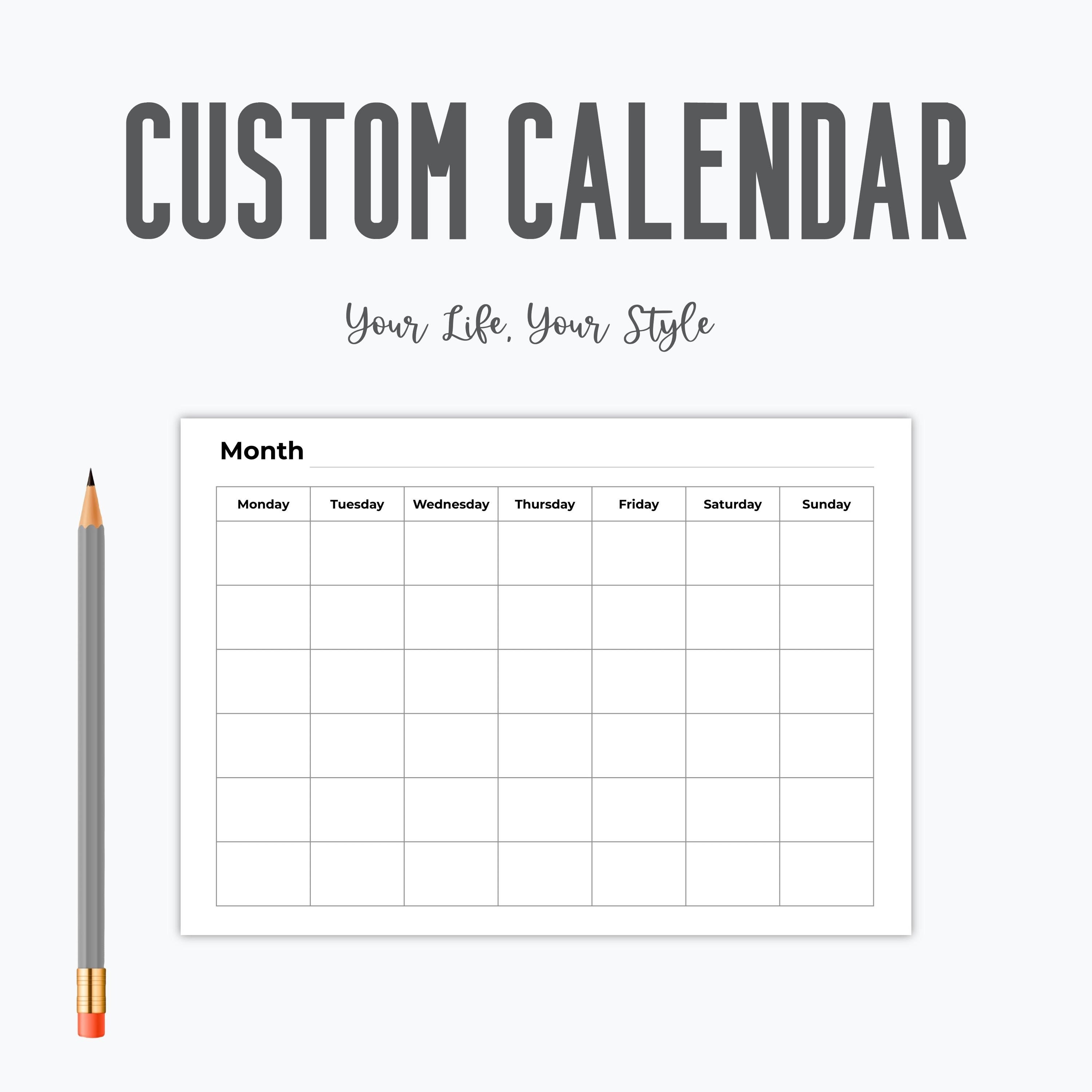 Custom Calendar - Instant Download - Blank Calendar, Printable Template ...