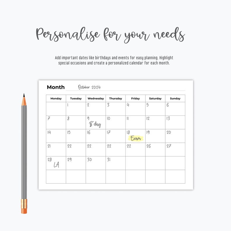 Custom Calendar - Instant Download - Blank Calendar, Printable Template ...