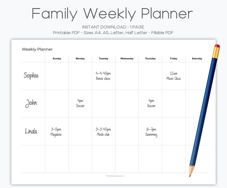 Family Planner PDF Printable Weekly Planner A4, A5, Letter, Half Letter ...