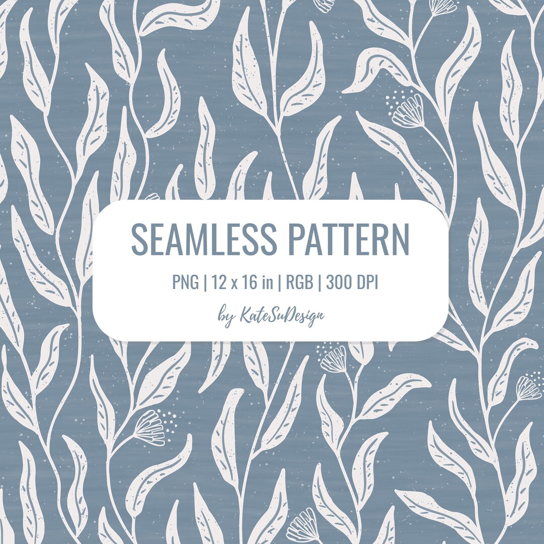 Muted Blue Gray Botanical Seamless Pattern PNG File Climbing Leafy ...