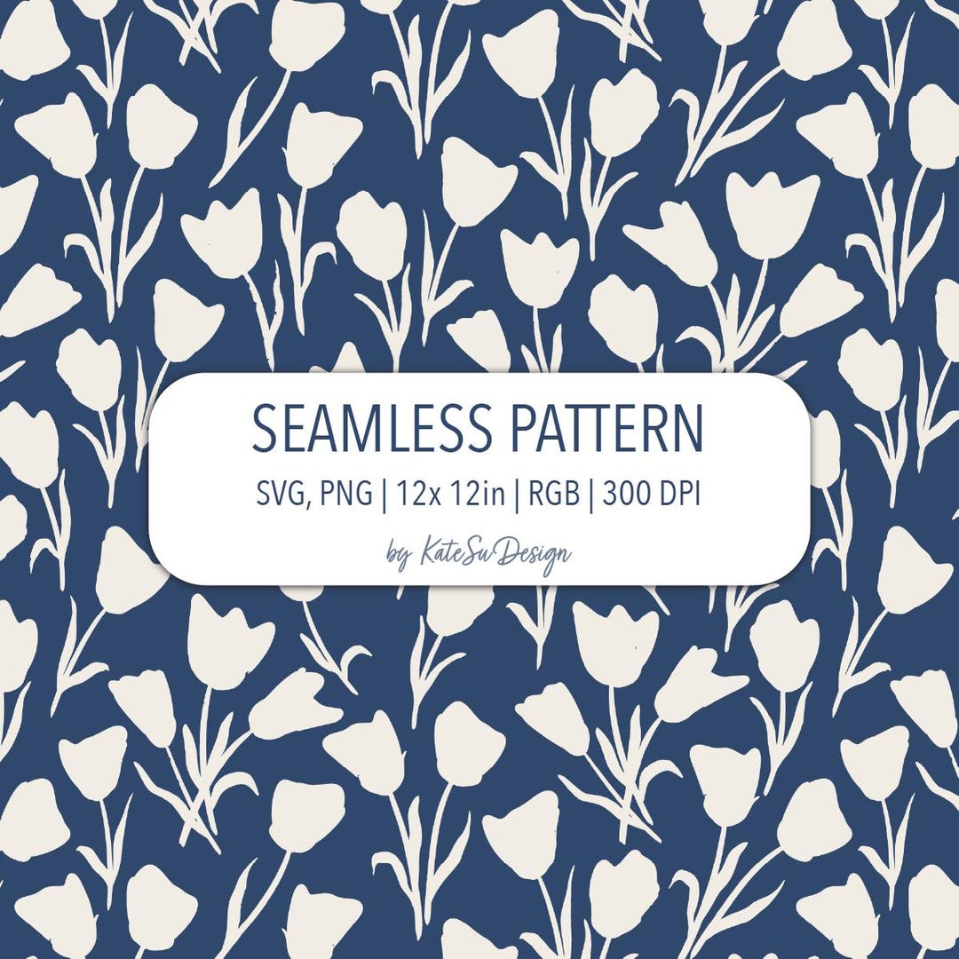 Dainty Floral Seamless Pattern SVG PNG File White Tulips on Navy Blue ...