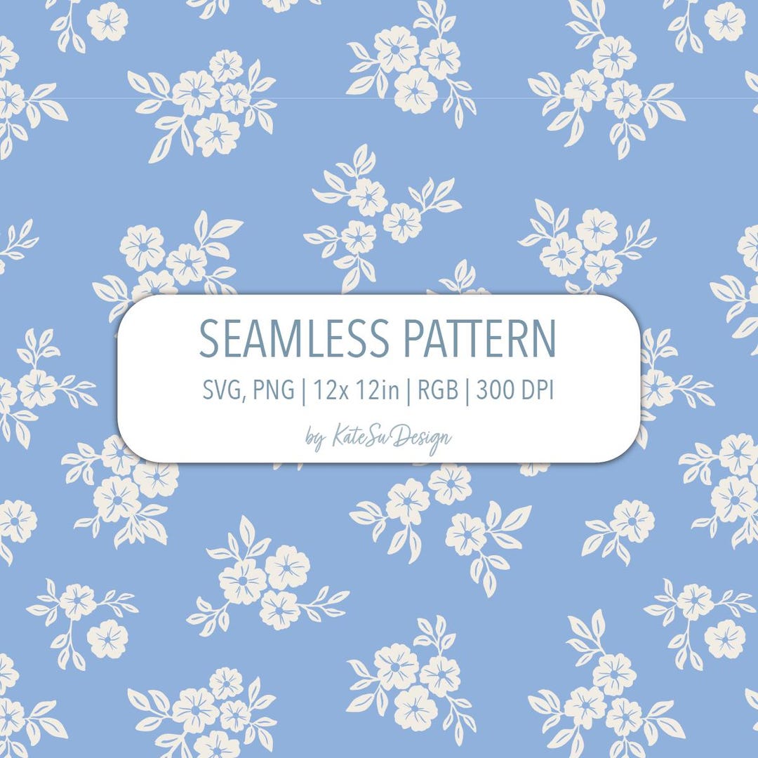 Blue Ditsy Floral Seamless Pattern SVG PNG File Hand Drawn White Dainty ...