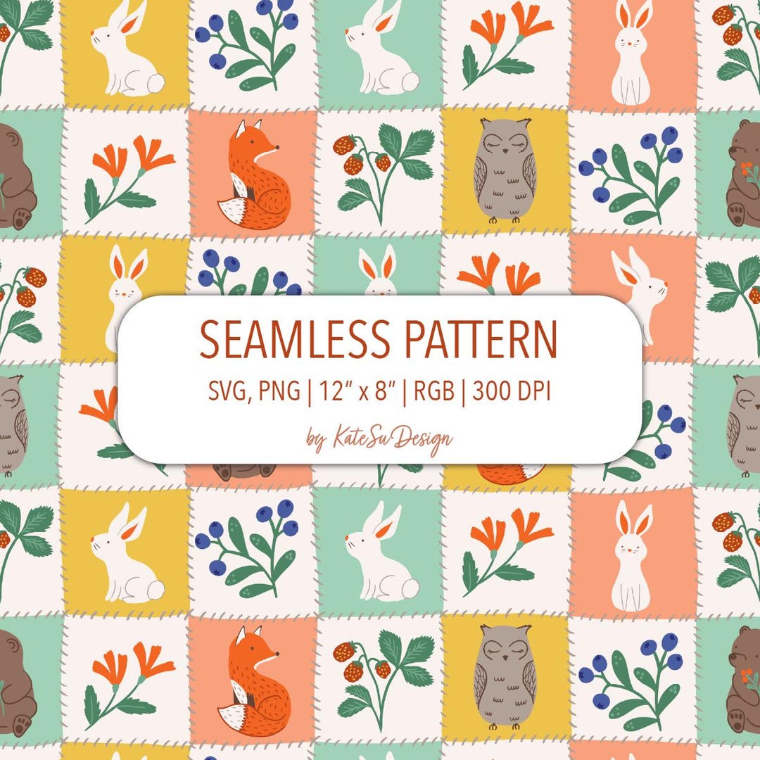 Woodland Cheater Quilt Seamless Pattern SVG PNG File Hand Drawn Forest ...