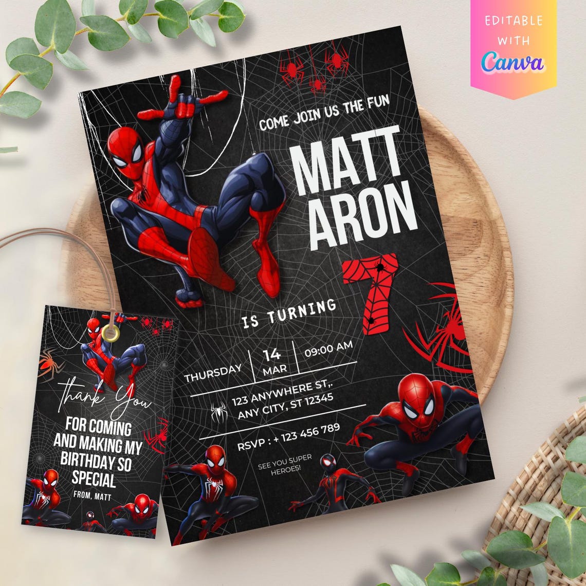 Black Spiderman Kids Editable Birthday Invitation Spiderman Digital and ...