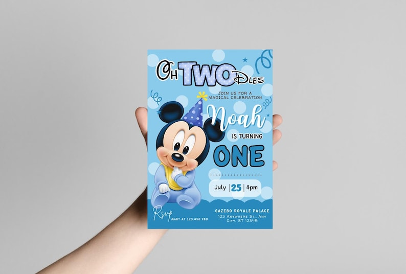 Oh Twodles Little Mickey Kids Editable Birthday Invitation Cute Blue ...