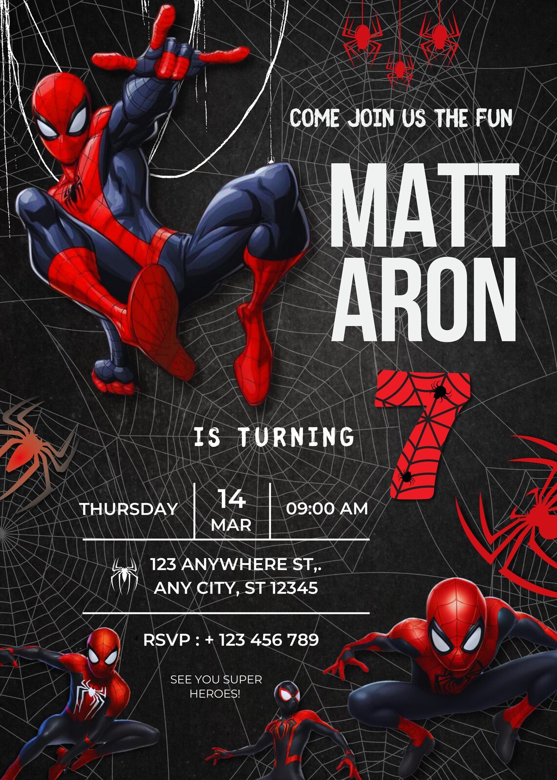 Black Spiderman Kids Editable Birthday Invitation Spiderman Digital and ...