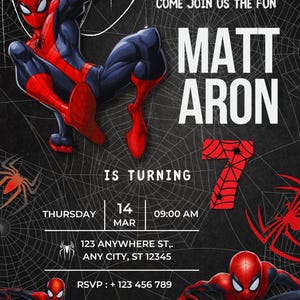 Black Spiderman Kids Editable Birthday Invitation Spiderman Digital and ...
