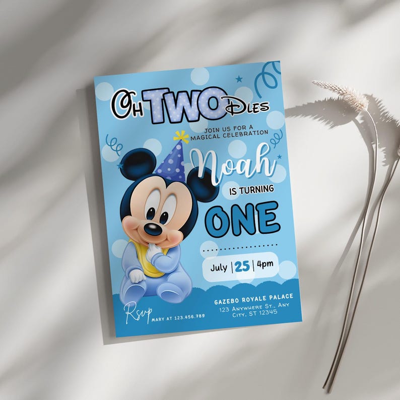 Oh Twodles Little Mickey Kids Editable Birthday Invitation Cute Blue ...