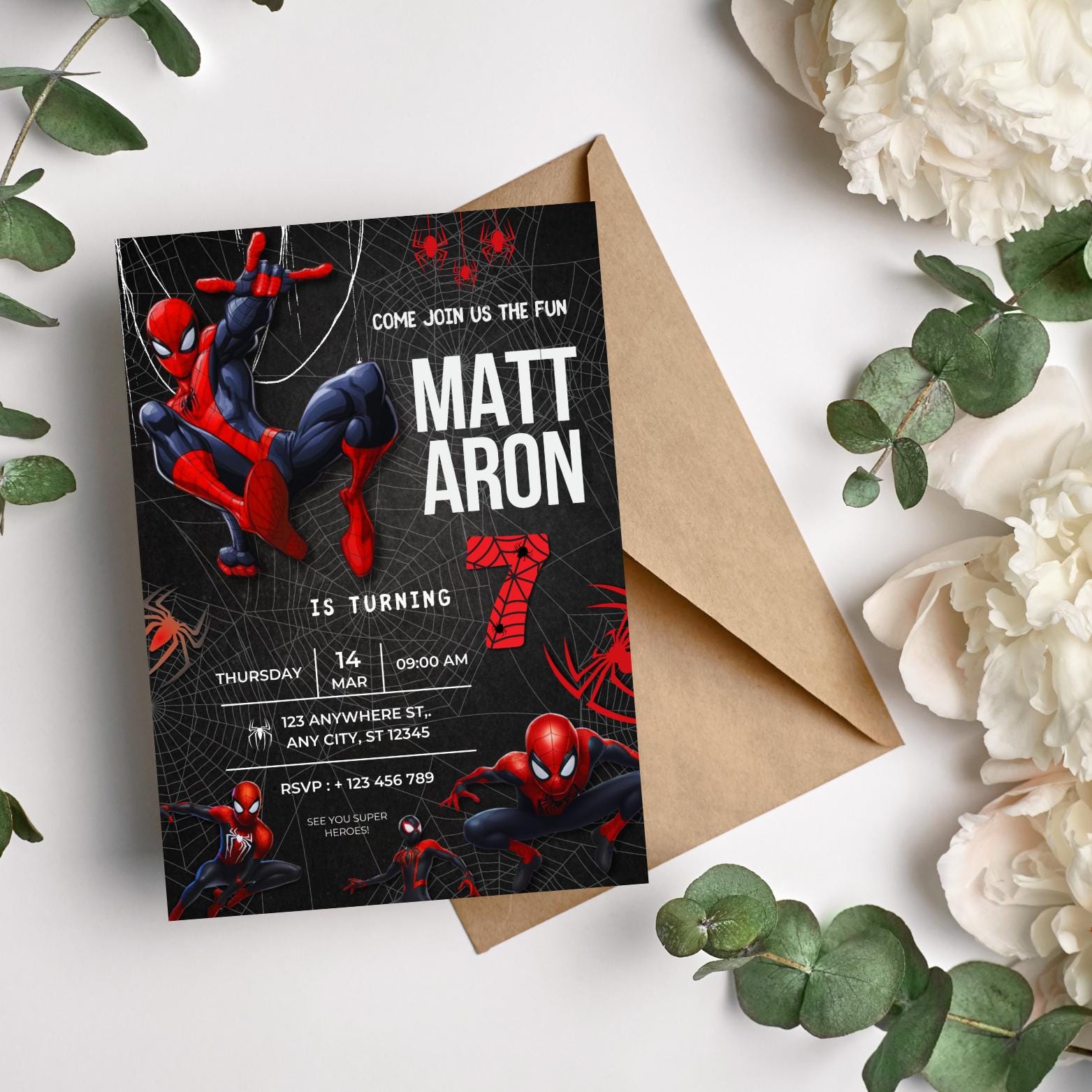 Black Spiderman Kids Editable Birthday Invitation Spiderman Digital and ...