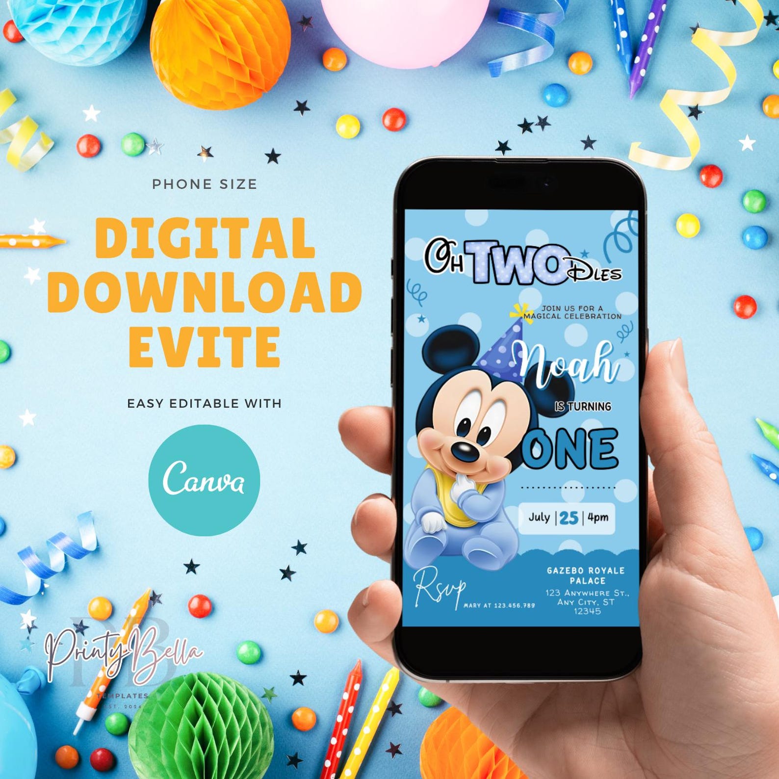 Oh Twodles Little Mickey Kids Editable Birthday Invitation Cute Blue ...