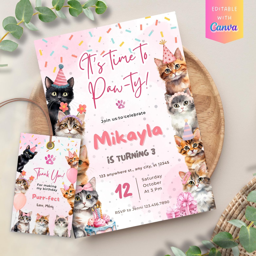 Editable Kitten Birthday Invitation, Pink Cats Party (digital Download ...