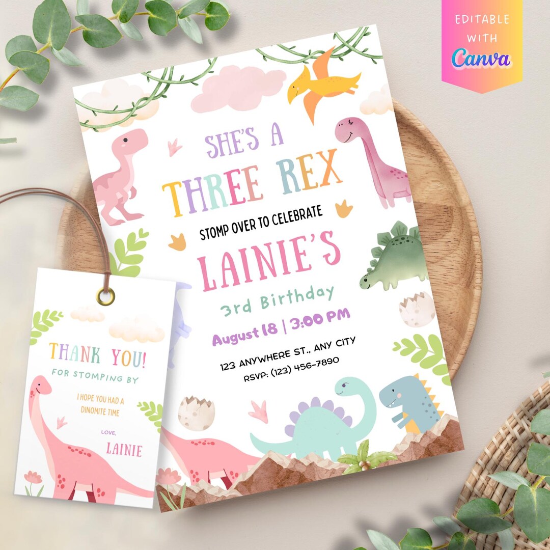 Three Rex Birthday Invitation, Girl Dinosaur Party, Pink Pastel ...