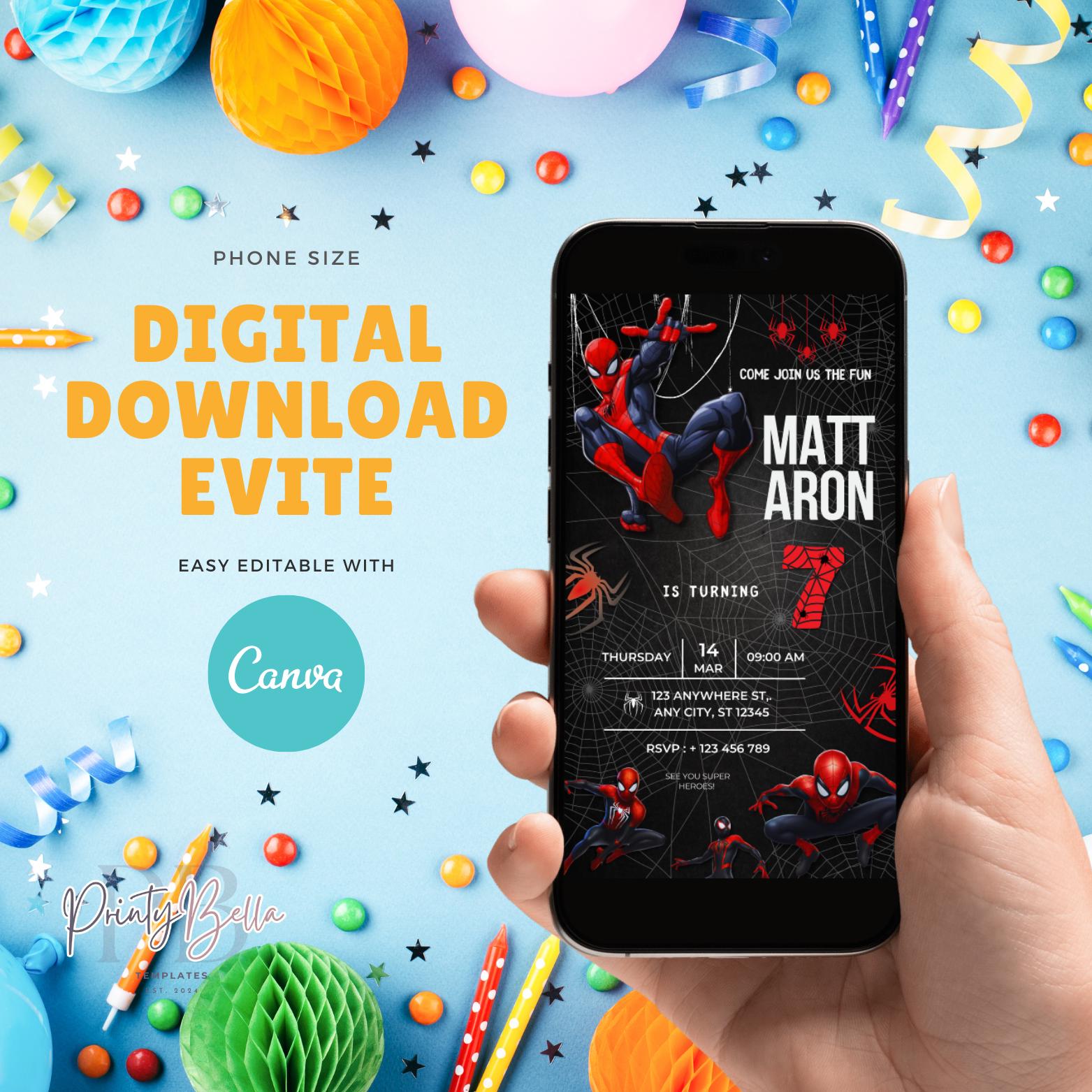 Black Spiderman Kids Editable Birthday Invitation Spiderman Digital and ...