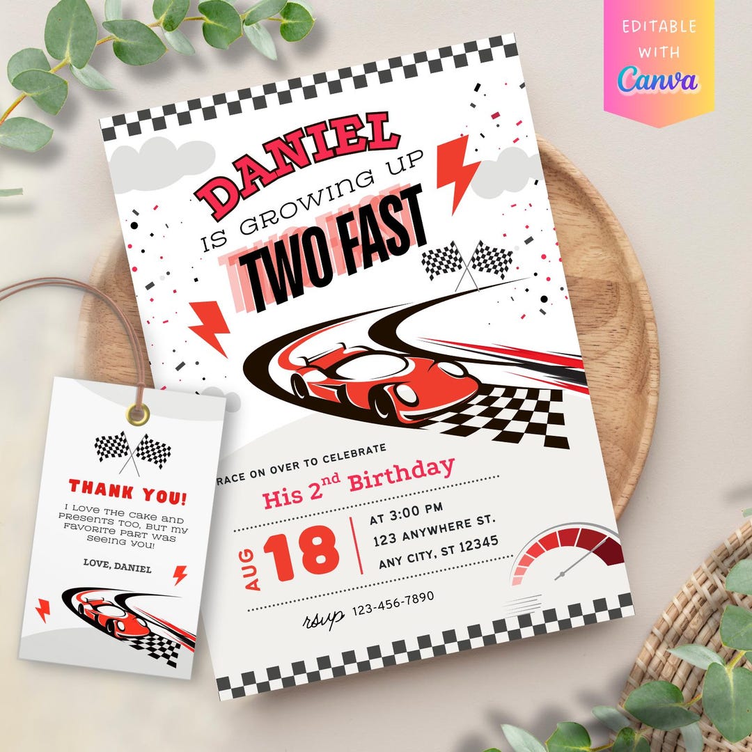 Two Fast Cars 2nd Birthday Invitation, Race Car Party (digital Download ...