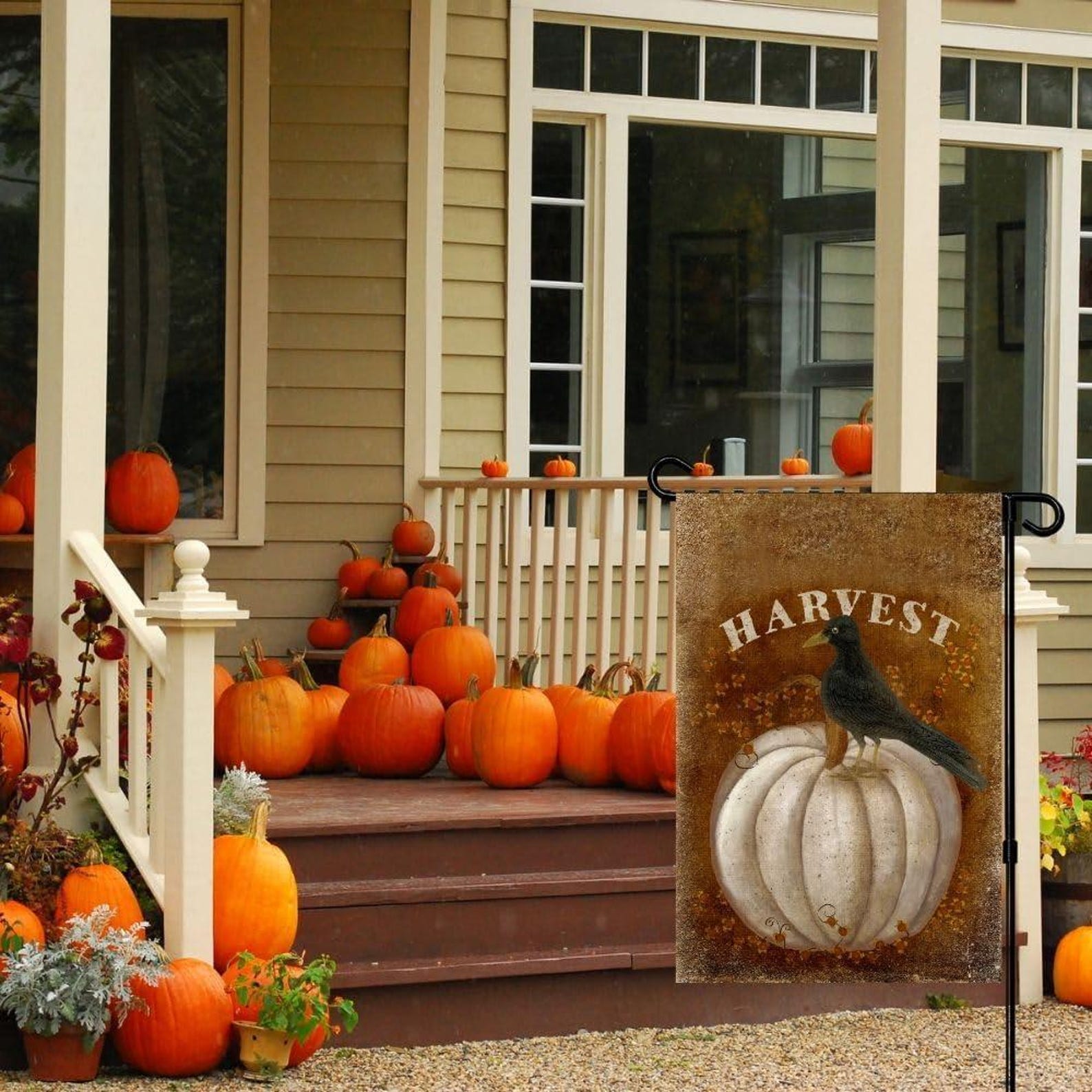 Harvest White Pumpkin and Crow Double-sided Garden Flag 12x18 Fall Yard ...