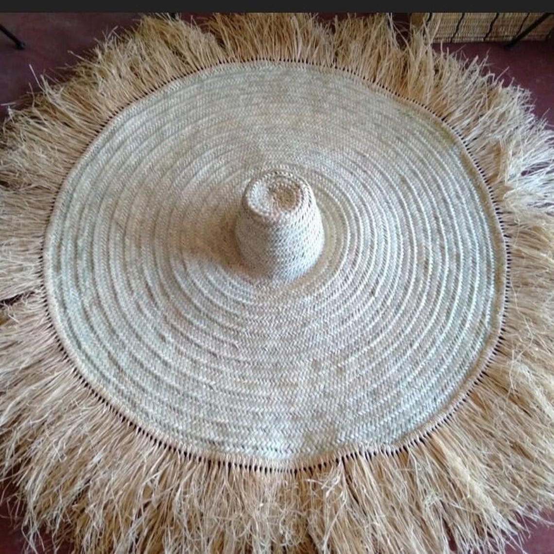 Moroccan Round Straw Hat and Raffia Rug, Round Carpet in Woven Palm ...