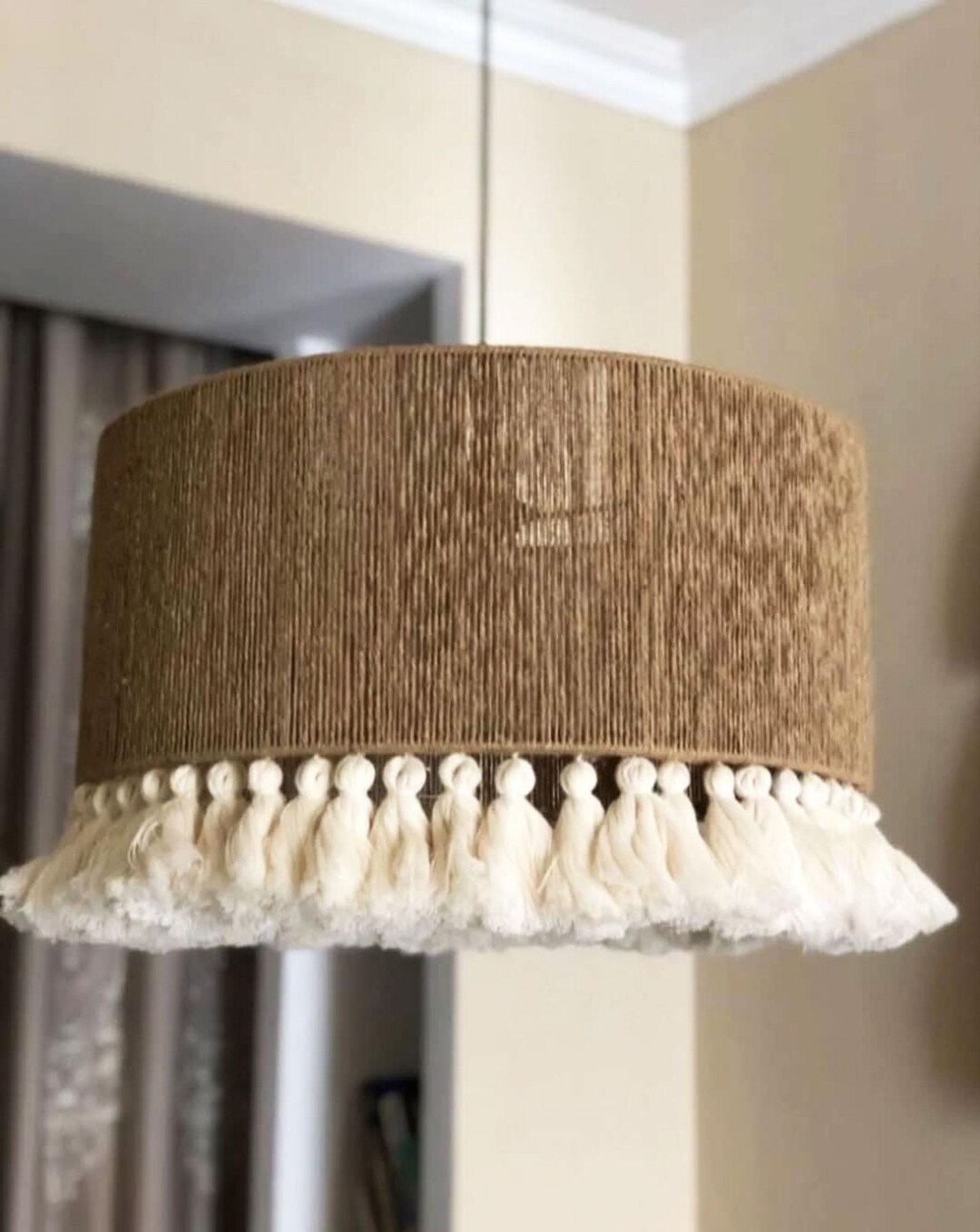 Boho Pendant Lamp Handcrafted With Hemp Rope and Wool Fringe, Ceiling ...