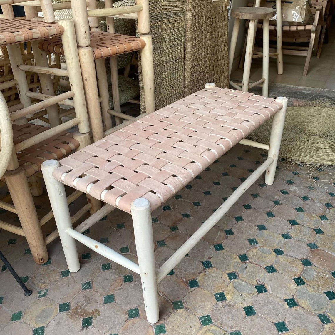 Moroccan Bench in Wood and Brown Leather Moroccan Bench in Solid Wood ...