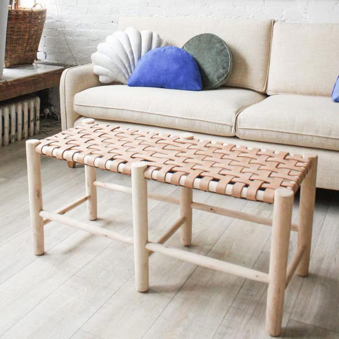Moroccan Bench in Wood and Brown Leather Moroccan Bench in Solid Wood ...