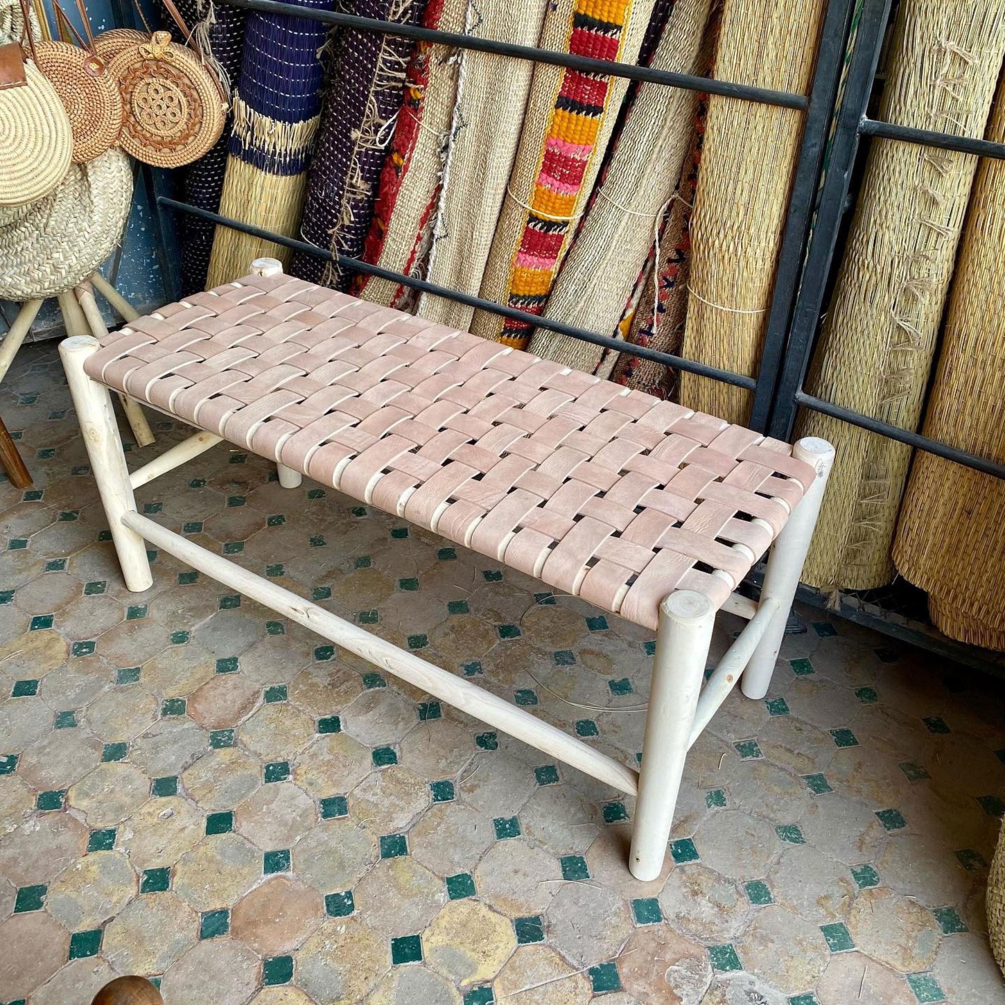 Moroccan Bench in Wood and Brown Leather Moroccan Bench in Solid Wood ...