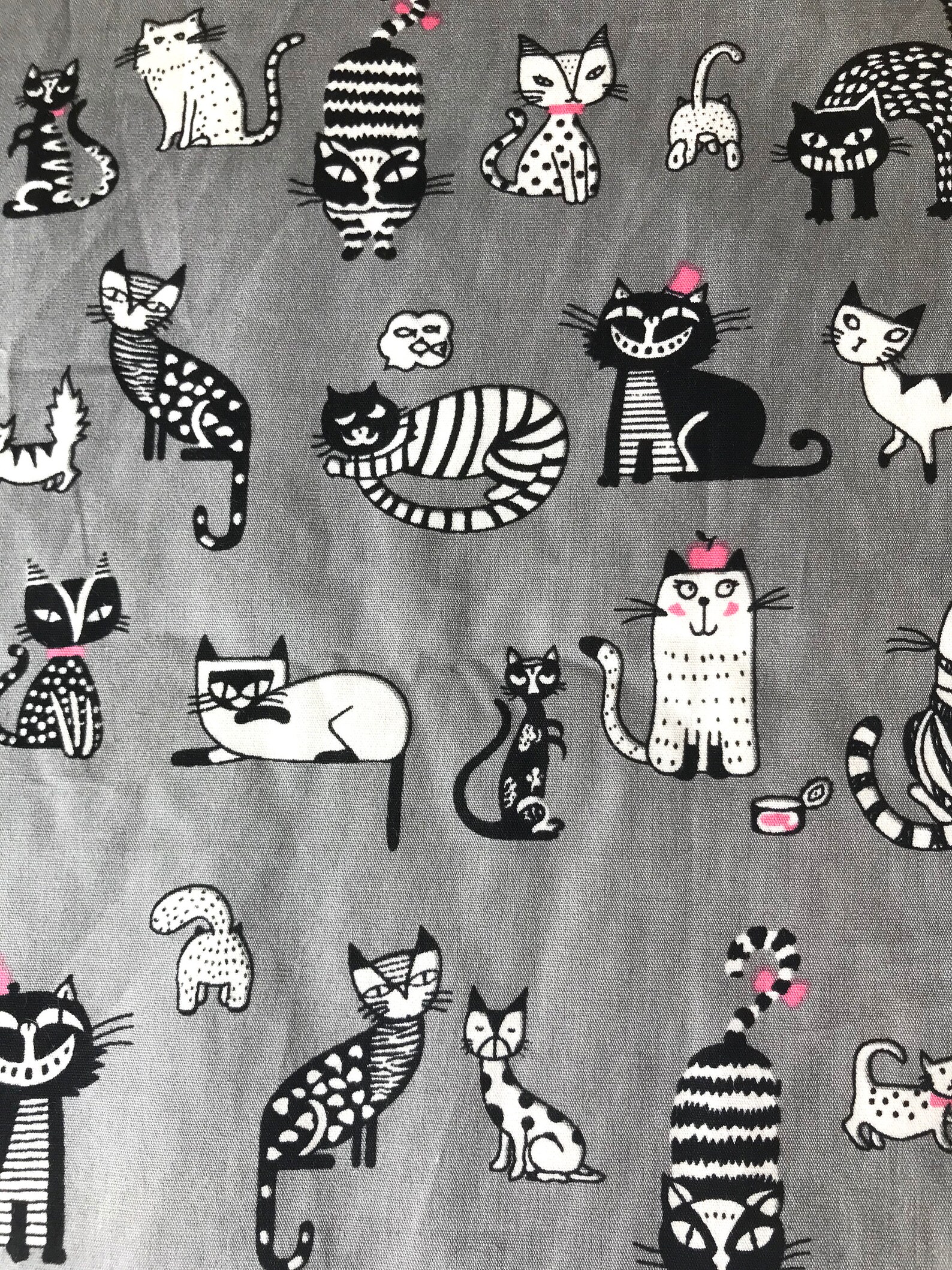 Fabric White Cotton Gray Grey Cat Kitty Kitten Cute | Etsy