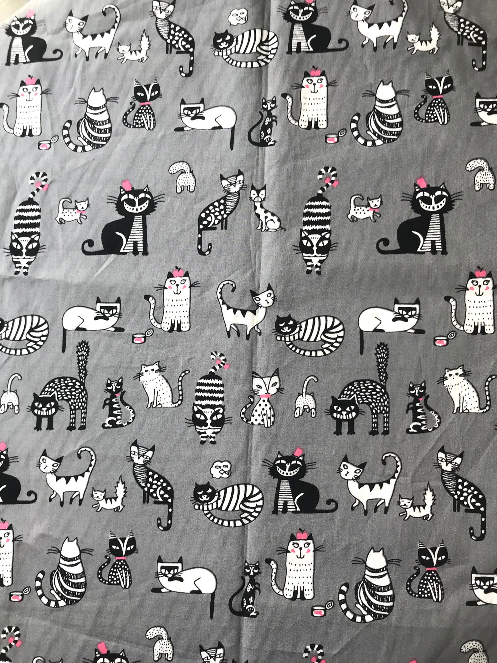 Fabric White Cotton Gray Grey Cat Kitty Kitten Cute | Etsy