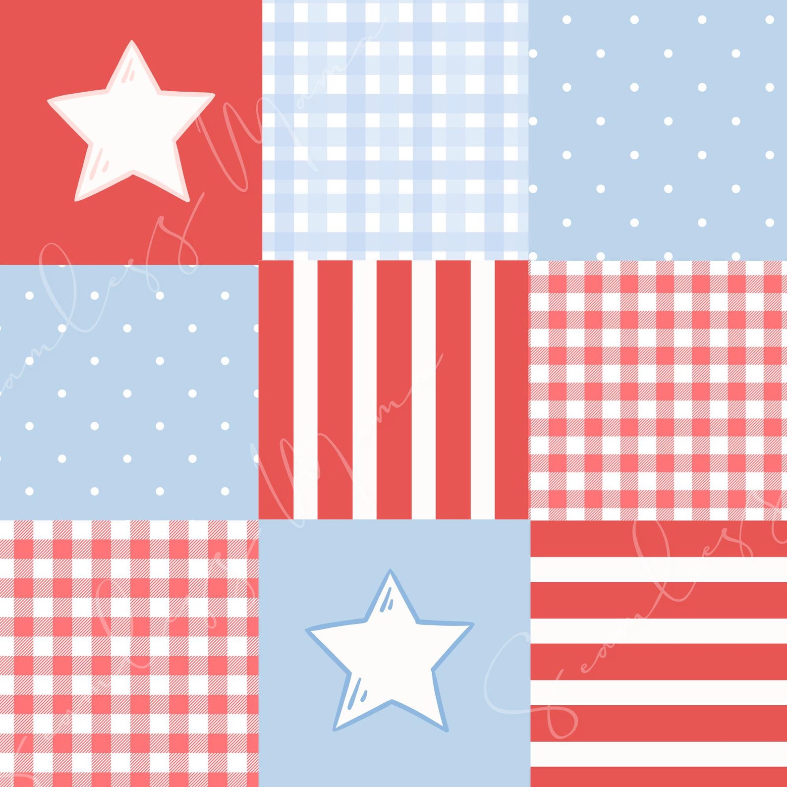Red White Blue Starts Stripes Patchwork Seamless Digital File - Instant ...